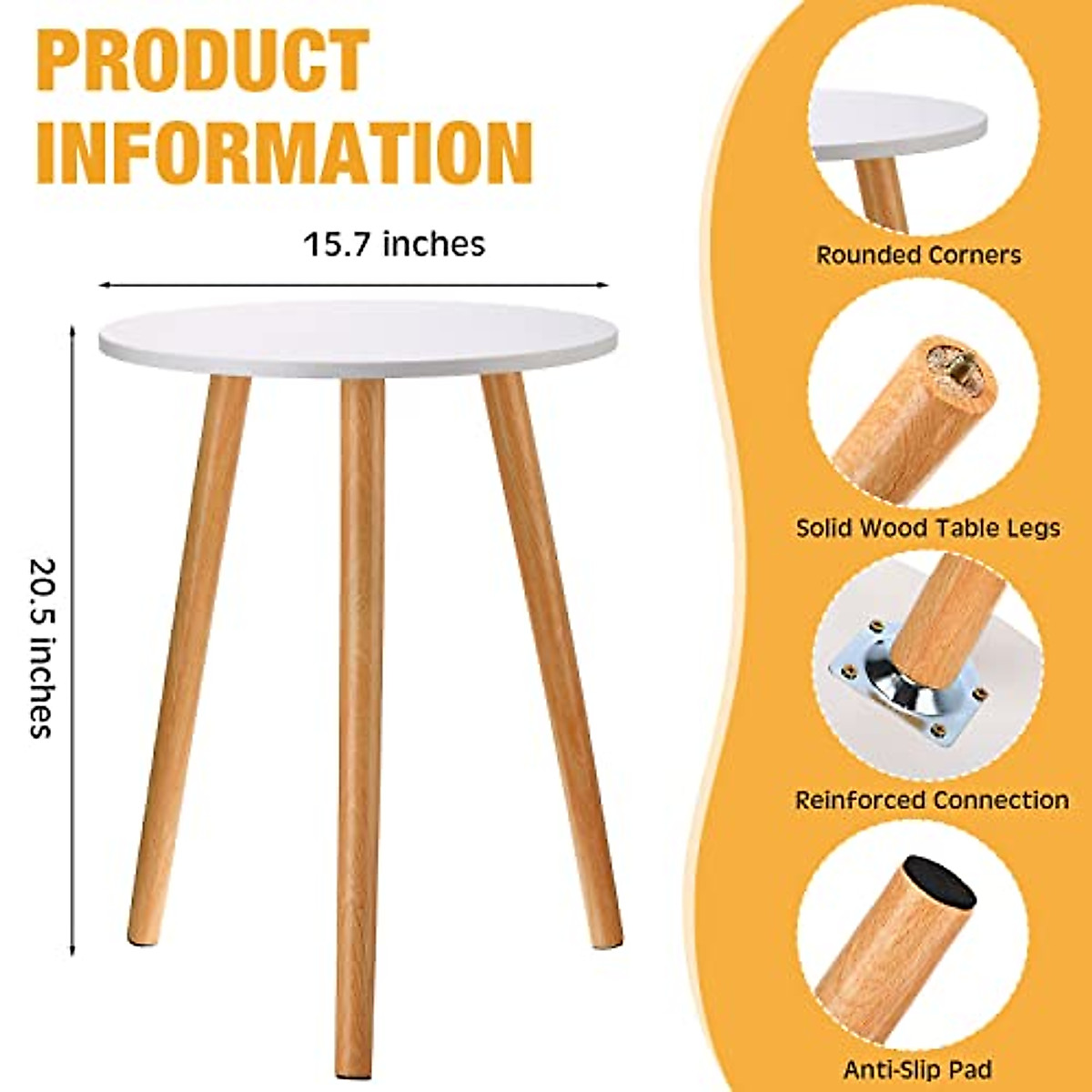 4 Set Round Side Table End Table with 3 Wood Legs Modern Accent Tray Nightstand White Bedside Table Small Coffee End Table for Living Room, Bedroom, Small Spaces, Easy Assembly 20.5 x 15.7 Inches