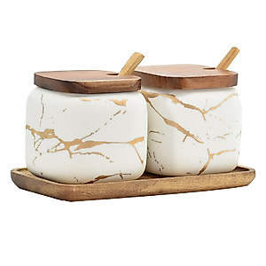 EIMQUVW Sets of 2 Marble Ceramic Seasoning Jars Ceramic Sugar Salt bowl Condiment Pots with Wooden Lids,Wooden Spoon and Wooden Tray(White)