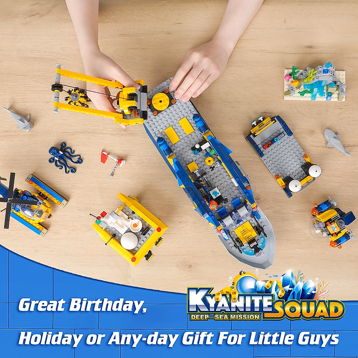 WishaLife City Ocean Exploration Ship Building Toy Set, W/Submarine, Helicopter, Shark, Octopus, Coral Reef, Fun Toy Gift for Kids Boys Girls 6+