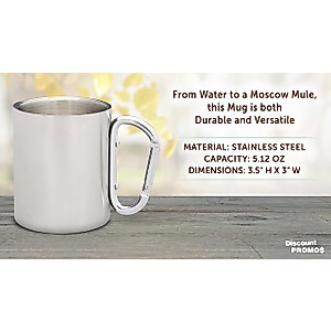 DISCOUNT PROMOS Stainless Steel Mugs with Carabiner Handle 10 oz. Set of 10, Bulk Pack - Perfect for Coffee, Soda, Other Hot & Cold Beverages - Silver