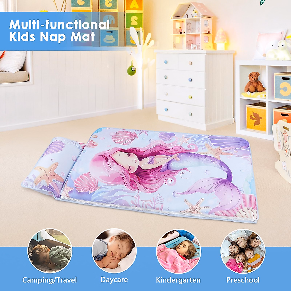 Kids Nap Mat Portable Slumber Bags with Removable Pillow and Blanket for Girls Boys, Lightweight Extra Large Sleeping Bag for Preschool Camping Daycare