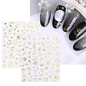 8 Sheets Gold Star Moon Nail Art Stickers Decals Self-Adhesive Metallic Ramadan Zodiac Design Manicure Tips Nail Decoration for Women Girls