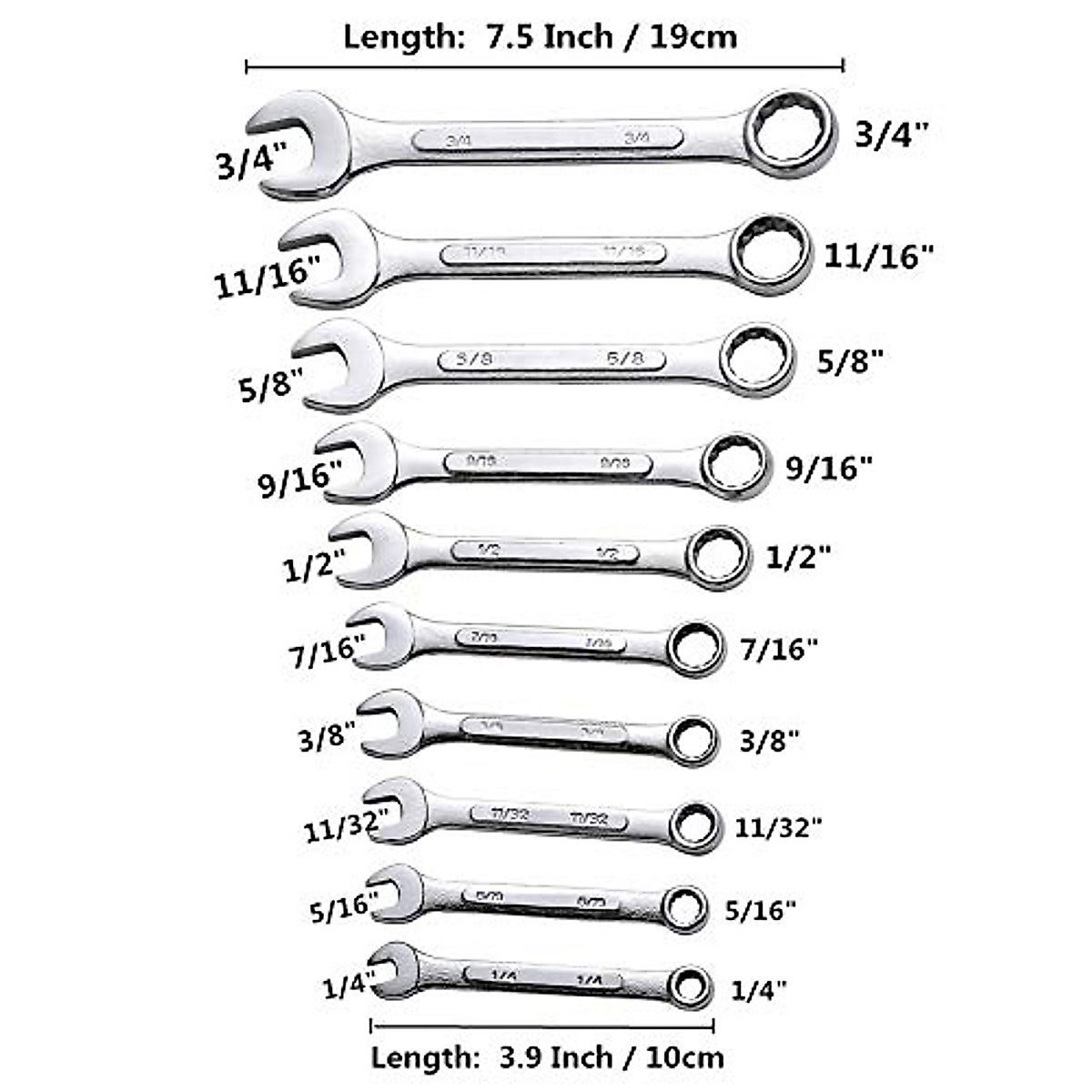 JENLEY Hand Tools Wrenches Standard 12 Point SAE Combination Set 10-Piece
