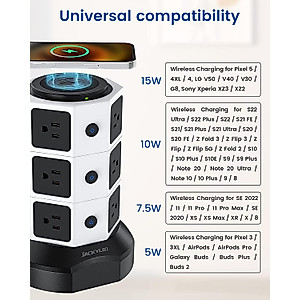 Power Strip Tower with Wireless Charger - Surge Protector with USB, JACKYLED Electric Outlet 13A 10 AC Outlets 4 USB Ports 6.5ft Extension Cord for School Dorm Office Home Desktop Computer White Black