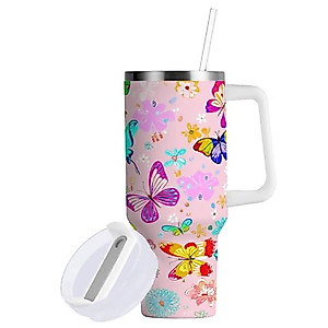 RPLIFE Colorful Butterfly Garden Pink 40oz Tumbler with Handle, Stainless Steel Cups with Lid, Tumbler for Men