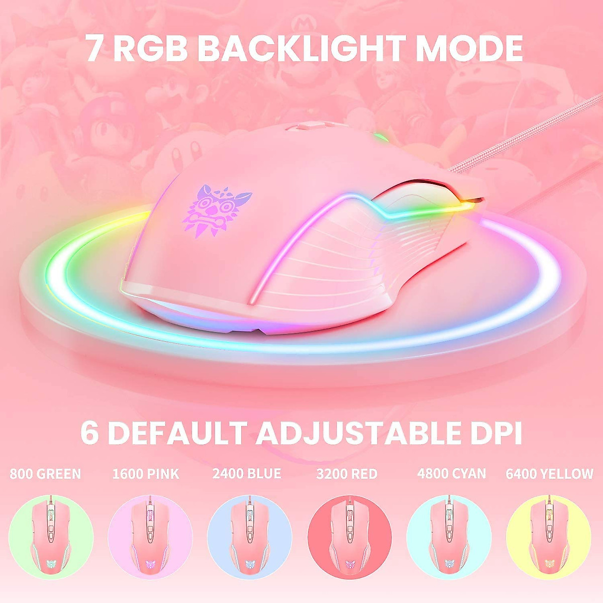 SIMGAL RGB Gaming Mouse Wired, USB Optical Computer Mice with RGB Backlit, 6 Adjustable DPI Up to 6400, Ergonomic Gamer Laptop PC Mouse with 7 Programmable Buttons for Windows Vista Linux (Pink)