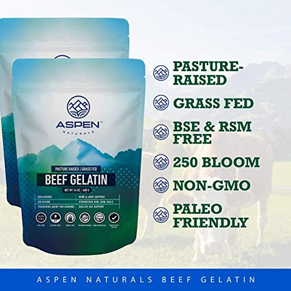 Aspen Naturals Grass Fed Beef Gelatin Powder. Pasture Raised, Grass-Fed Gelatin, Non-GMO, Paleo Friendly (24 oz). Unflavored Gelatin Powder. Easy to Mix Protein Supplement.