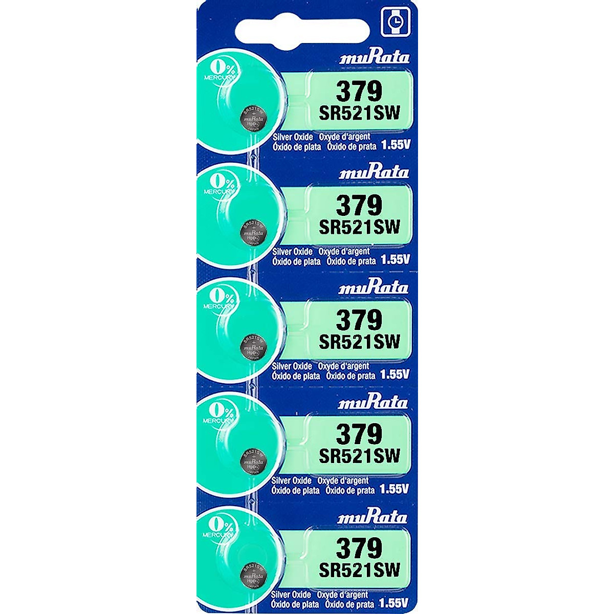 Murata 379 Battery SR521SW 1.55V Silver Oxide Watch Button Cell (5 Batteries)