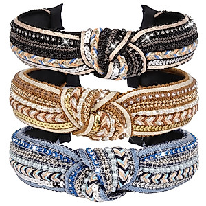 TOBATOBA Knotted Boho Headbands for Women, 3 Pack Beaded Headbands Knot Headband, Diademas Para Mujer De Moda, Womens Crystal Pearl Headbands, Wide Turban Headbands No Slip Fashion for Women
