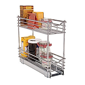 Household Essentials Narrow Sliding Cabinet Organizer, Two Tier Chrome Organizer, Chrome, Great for Slim Cabinets in Kitchen, Bathroom and More