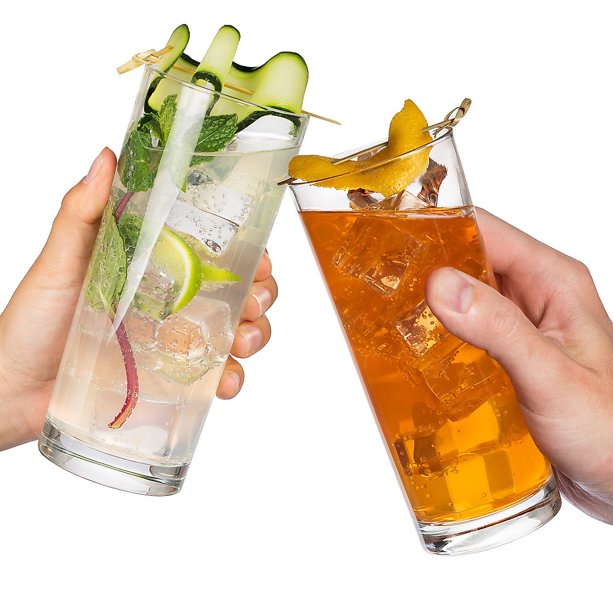 Obsidian Glassware Collins Glasses 14 Ounces - Seltzer Highball double Cocktail Glass Set of 4, Tall Skinny Strait Up Glasses.