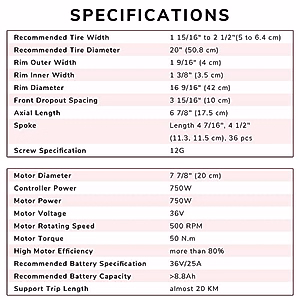 AW Electric Bicycle Front Wheel 20" E-Bike Conversion Kit 36V 750W Ebike Wheel Kit Thumb Throttle Hub Bicycle Conversion Motor Kit