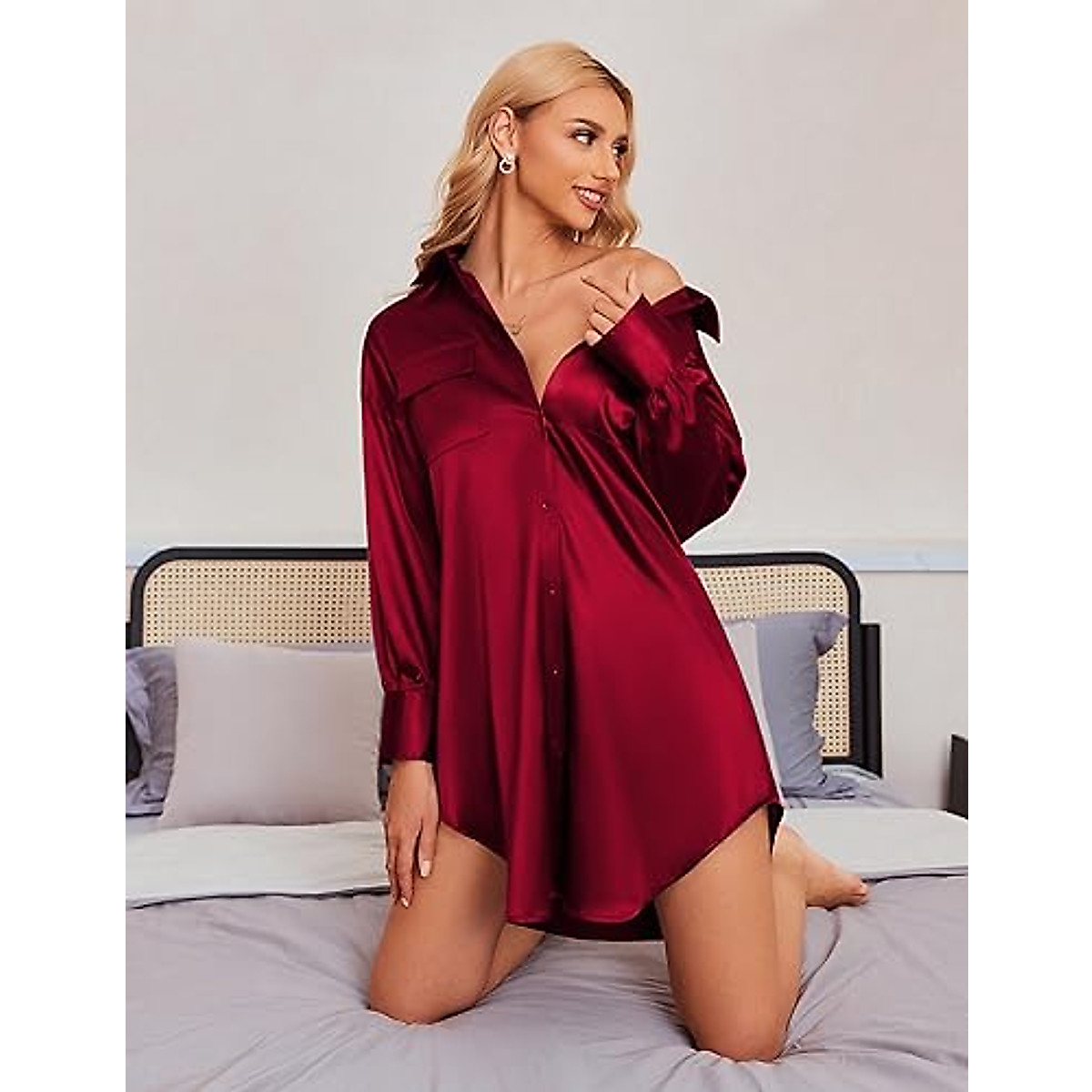 Ekouaer Sleep Shirts for Women Satin Silk Nightgown Long Sleeve Sleepwear Boyfriend Button Down Nightshirt Wine Red L