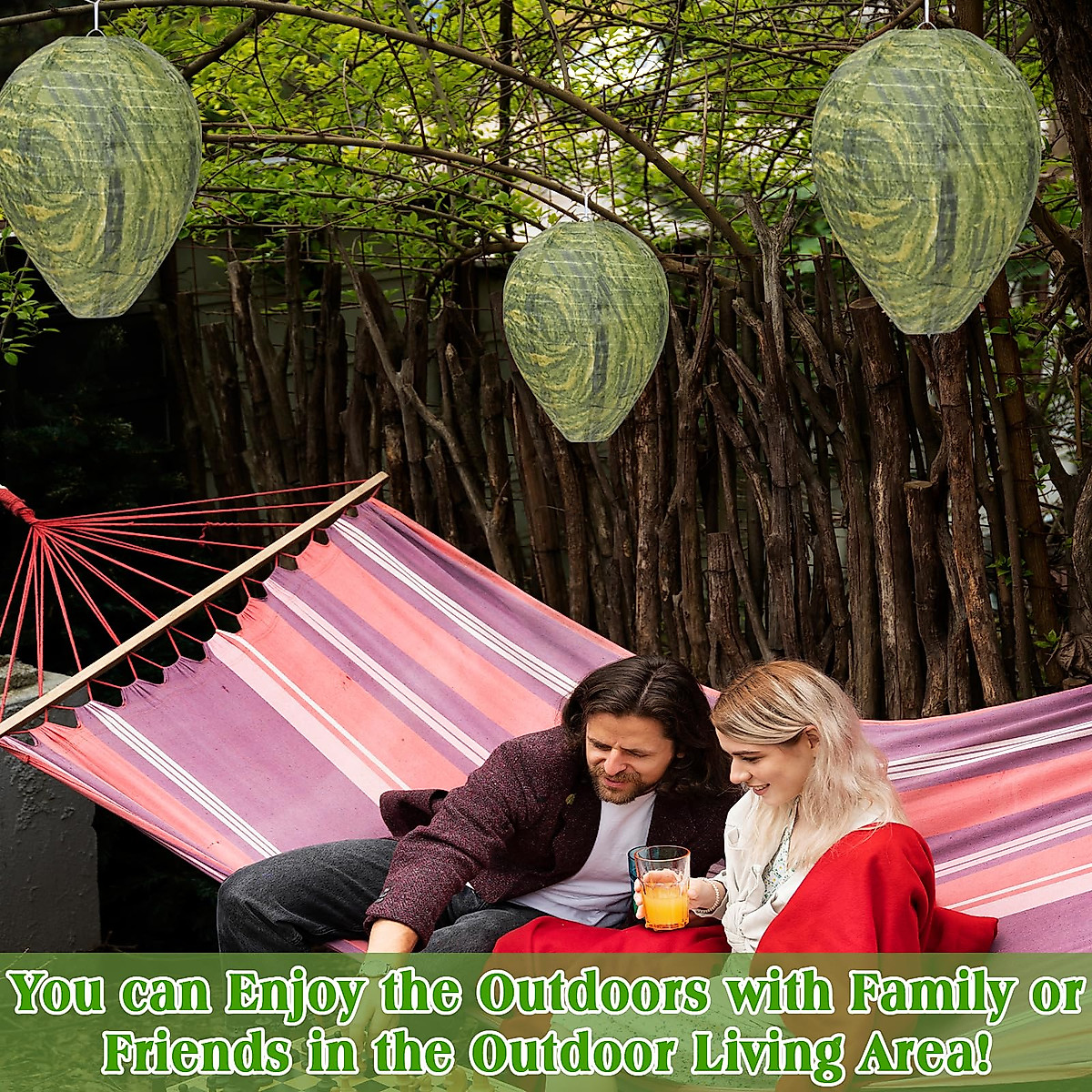 ZeeDix 4 Pack Hanging Fake Wasp Nest for Indoor and Outdoor, Home and Garden(8.66"×11",Dark Green)