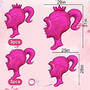 Cadeya 6 Pcs Pink Girls Head Balloons, 28”Hot Pink Aluminum Foil Balloons for Girl Birthday, Baby Shower, Princess Doll Theme Party Decorations Supplies