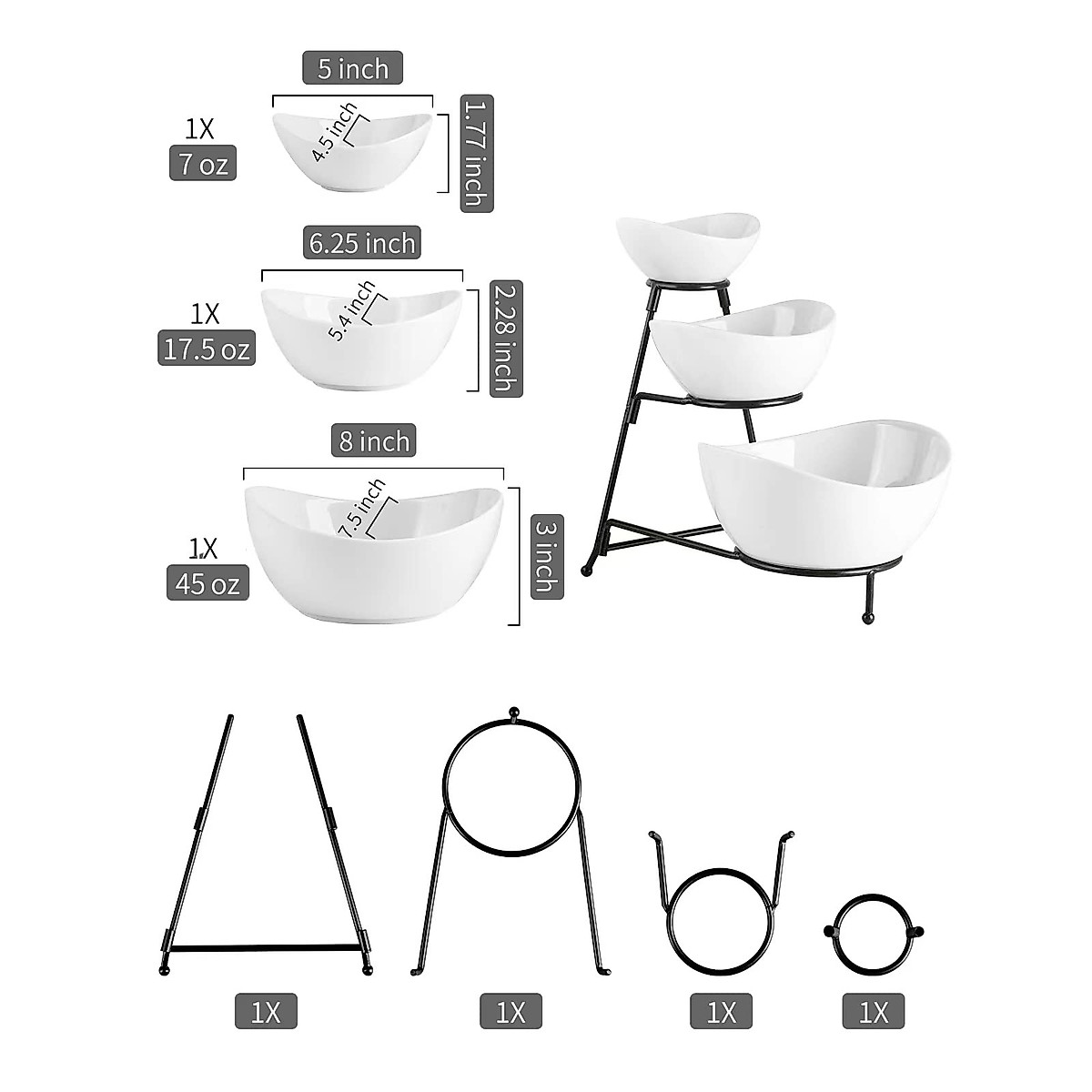 LAUCHUH 3 Tier Serving Stand Collapsible Sturdier Rack with 3 Porcelain Serving Platters Tier Serving Trays for Fruit Dessert Presentation Party Display Set