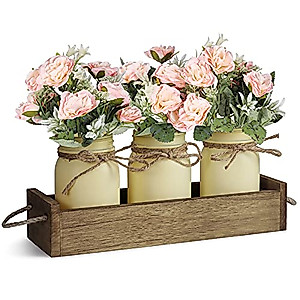 Floral Arrangements Artificial Centerpieces, Centerpieces for Dining Room Table, Mason Jar Decorative Wood Tray with Fake Rose Bouquet Flowers Farmhouse Decor for Living Room Kitchen Table - Pink