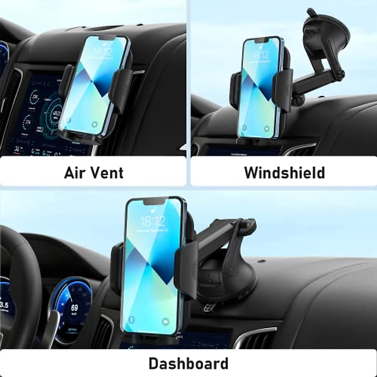 Fengtin Phone Mount for Car [Military-Grade Suction] 3 in 1 Car Phone Holder Mount Windshield Dashboard Air Vent Universal Car Dashboard Mount Phone Holder for Car Dashboard Fit All Smartphone