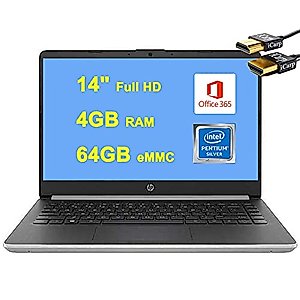 HP Newest 14 Flagship Laptop Computer 14" Diagonal Full HD IPS Display Intel Pentium Silver Quad-Core N5000 4GB DDR4 64GB eMMC USB-C BT 5.0 Office 365 Win10 + HDMI Cable
