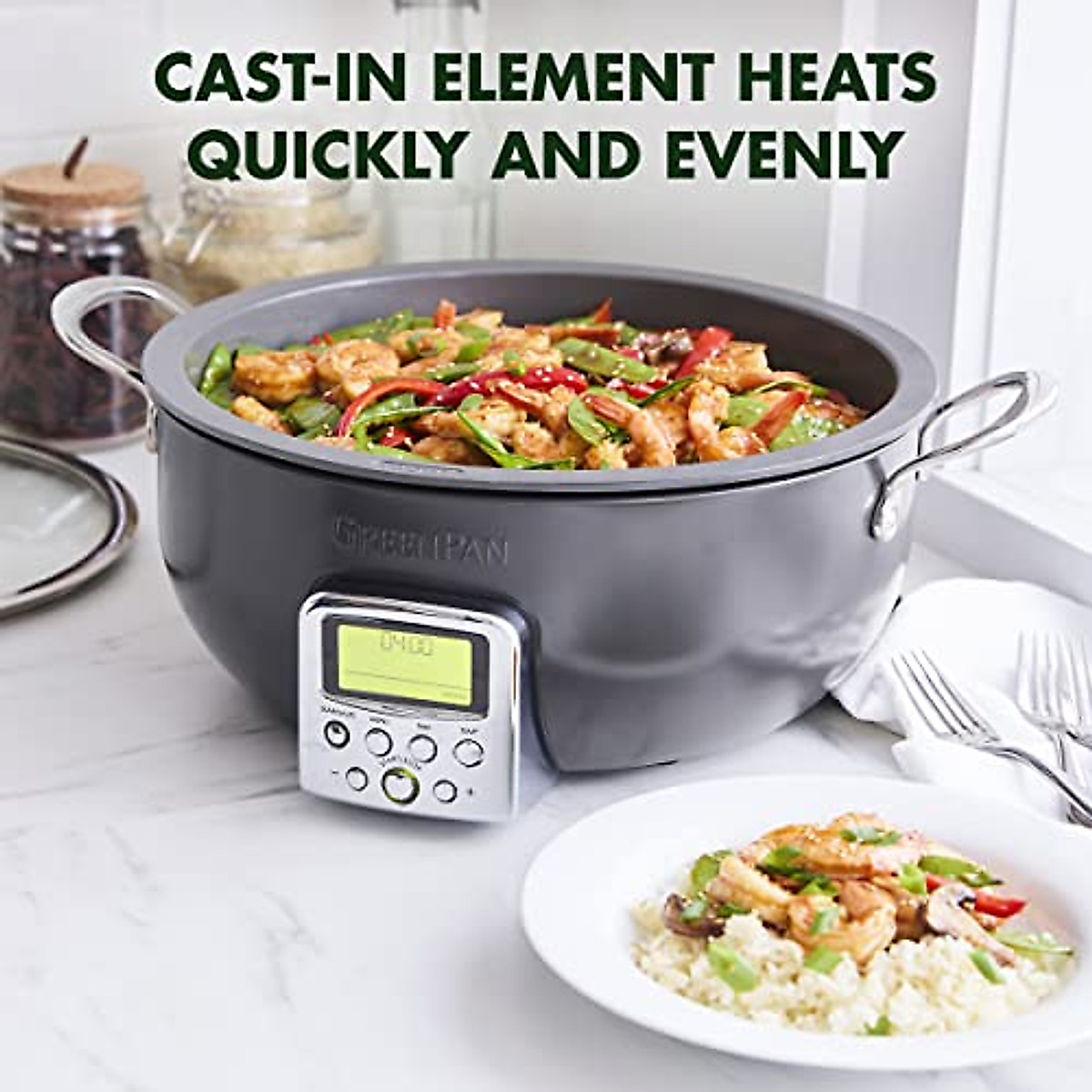 GreenPan Elite Essential Smart Electric 6QT Skillet Pot, Presets to Sear Saute Stir-Fry and Cook Rice, Healthy Ceramic Nonstick and Dishwasher Safe Parts, Easy-to-use LED Display, Graphite