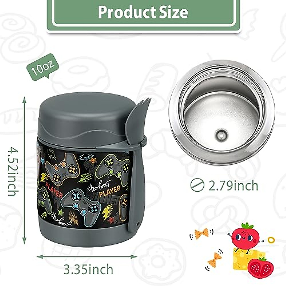 10oz Soup Thermo for Hot Food Kids,Lunch Thermo Kids Food Jar with Spoon Hot Insulated Food Containers,Leak Proof Stainless Steel Wide Mouth Lunch Food Thermo Jar for School(Black-Game Console)