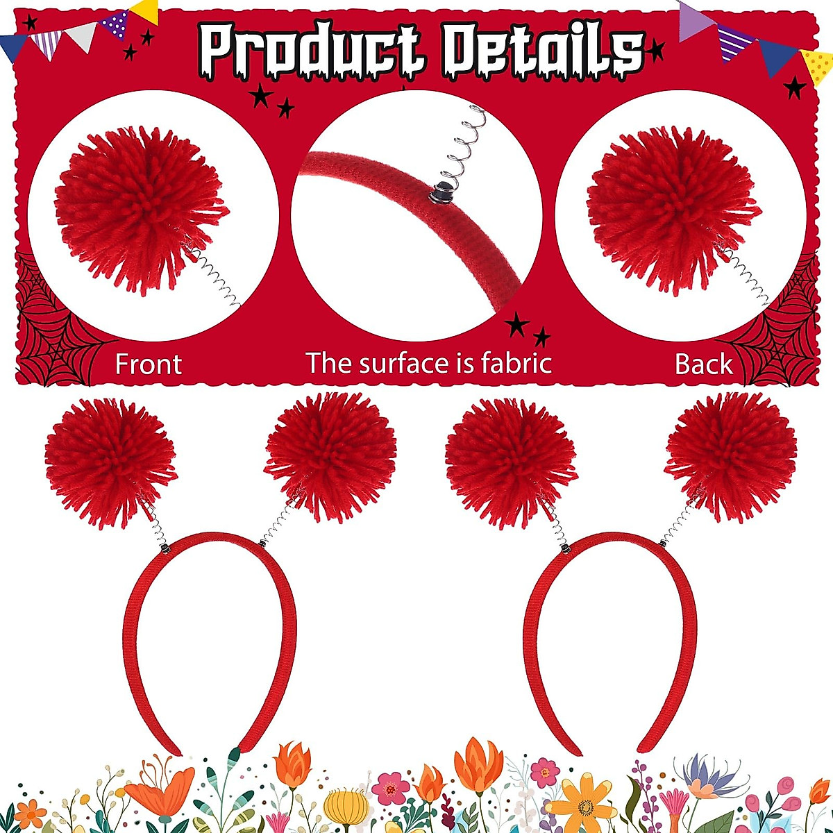 Censen 18 Pcs Pom Pom Headband Head Bopper Wrapped Funny Headband Birthday Halloween Party Headwear for Women Adult Accessory(Red)