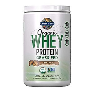 Garden of Life Whey Protein Powder Chocolate Peanut Butter, 21g Certified Organic Grass Fed Protein for Women & Men + Probiotics - 12 Servings - Gluten Free, Kosher, Humane, RBST & rBGH Hormone Free