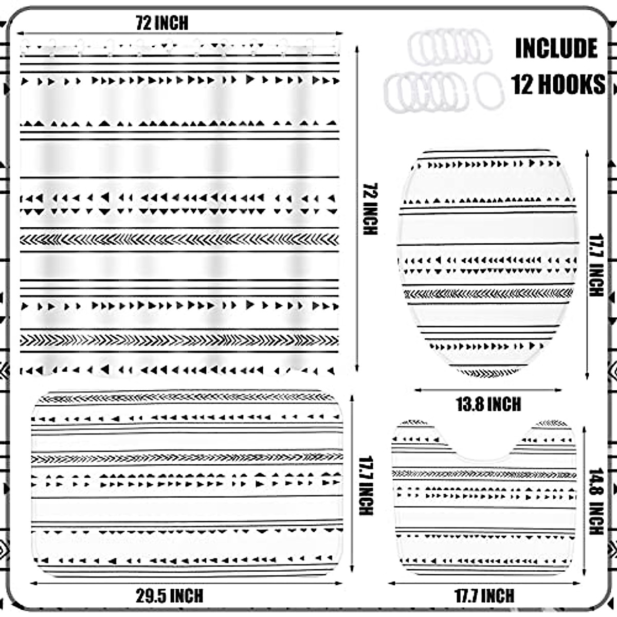 Rtteri 4 Pcs Boho Shower Curtain Sets with Rugs, 72 x 72 Inch Fabric Bathroom Curtains Set with Hooks Water Absorbent Bath Rugs Toilet Lid Cover Black White Chic Triangle and Geometric Bathroom Decor