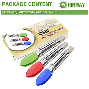 HINMAY Mini Tongs with Silicone Tips 7-Inch Serving Tongs, Set of 3 (Green Red Blue)