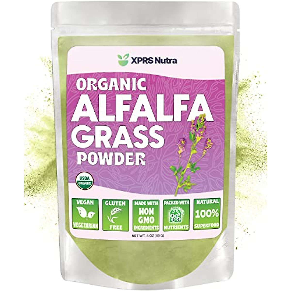 XPRS Nutra Organic Alfalfa Powder - Premium Vegan Alfalfa Supplement Rich in Calcium, Antioxidants, Vitamins - Farmer Alfalfa Supplement for Kids and Adults - Vegan Friendly Alfalfa Leaf (4 Ounce)