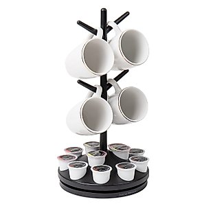 Mind Reader Single Serve Coffee Pod Organizer & Mug Tree, 12 pod and 4 Mug Capacity, Countertop, 9" L x 9" W x 17.75" H, Black