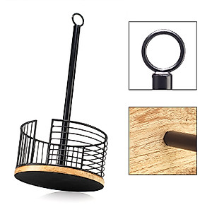 Countertop Paper Towel Holder - Black Metal Wire Kitchen Roll Holder with Wooden Base - Farmhouse Paper Towel Stand