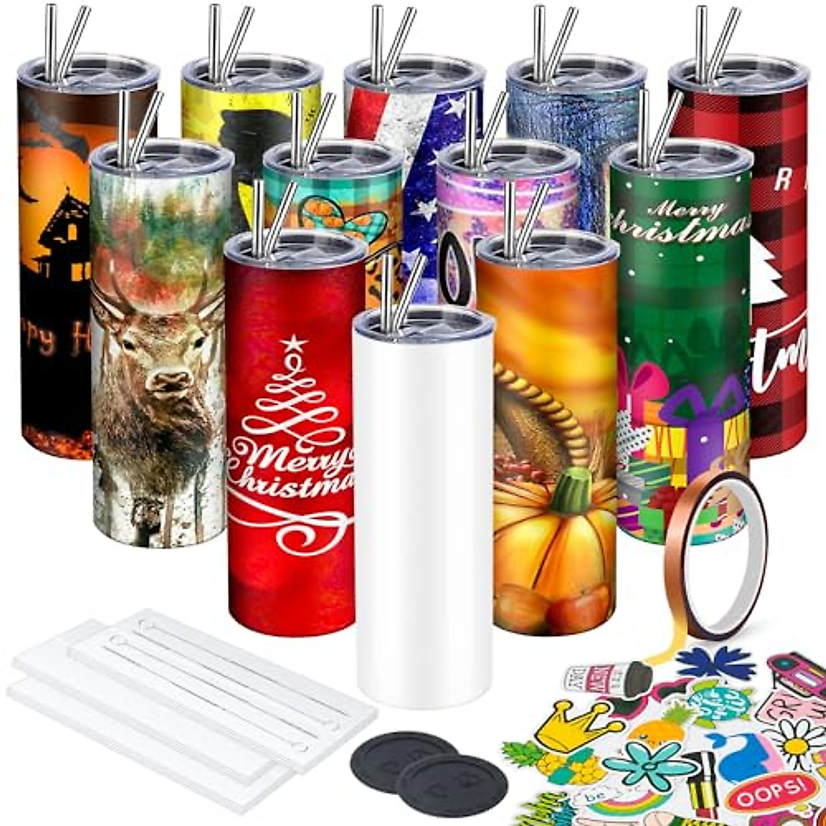 GRAUERHUND 12 Pack 20 oz Sublimation Tumblers Set Skinny Straight Double Walled Stainless Steel Blank Tumbler Bulk with Lid, Straw, DIY Stickers, Shrink Wrap, Rubber Base, Tape for Sublimate
