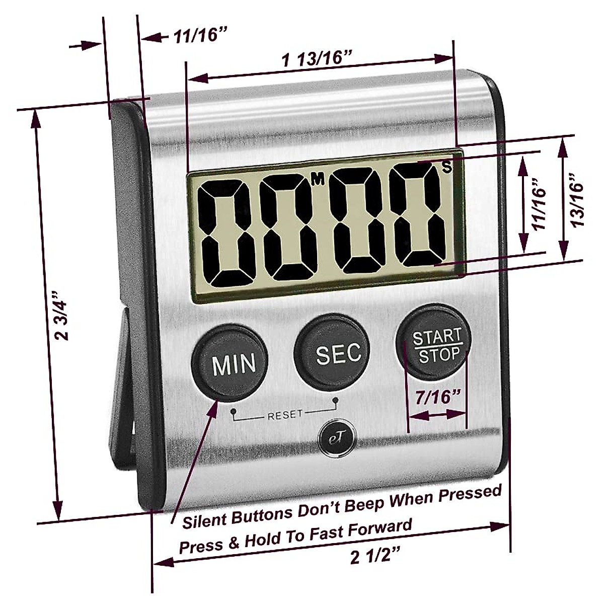 Elegant Digital Kitchen Timers 2 Pack Bundle Featuring Stainless Steel Models eT-23 and Model eT-27, Auto Shutoff Auto Memory