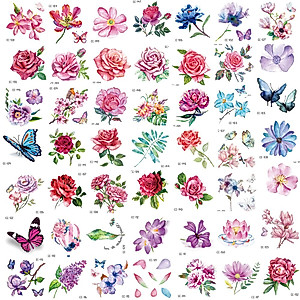 Konsait 50Sheet Flower Temporary Tattoos for Women Teens Girls, Tiny Temporary Tattoo Adult Waterproof Body Art Sticker Hand Neck Wrist, include Flower Butterfly Leaf Lotus Cherry Blossoms Tattoo