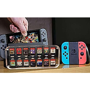 X-Richmen 14 in 1 Game Card Case for Nintendo Switch Acrylic Storage Box Transparent Display Cabinet of Switch Game Card Cartridge, Gift Box of Mario Mushroom Red and Blue Thumb Grip 2PCS