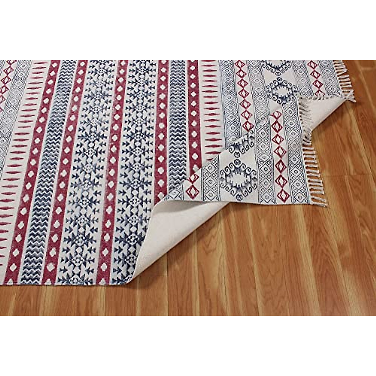 Casavani Hand Block Printed Cotton Dhurrie Geometric Red & Black Area Rug Doormat Floor Rug Indoor Area Rugs for Bedroom Living Room Laundry Room 3x5 Feet