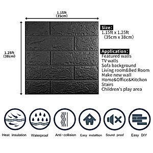 Sodeno 10 PCS Black 3D Wall Panels, 14.5 sq.feet Coverage, Printable Wallpaper Sticker with Self-Adhesive Waterproof Brick PE Foam Wall Panels Peel and Stick for Interior Wall Decor, Home Decoration