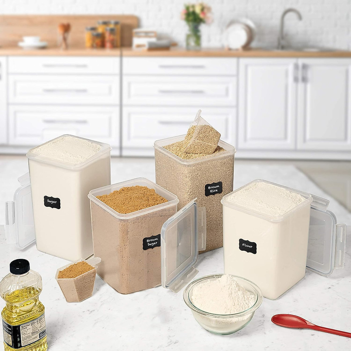 WHITE FEATHER SUPPLIES 4 Pc Large Food Storage Containers with Lids Airtight - Flour Sugar Storage Container for Kitchen, BPA Free Plastic Cereal Containers Storage [2 X 6.5 + 2 X 5.2] 4 Measuring Cup