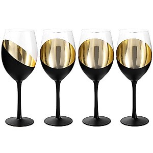 MyGift 14 oz Modern Matte Black & Gold Stemmed Titled Design Elegant Wine Glasses, Set of 4