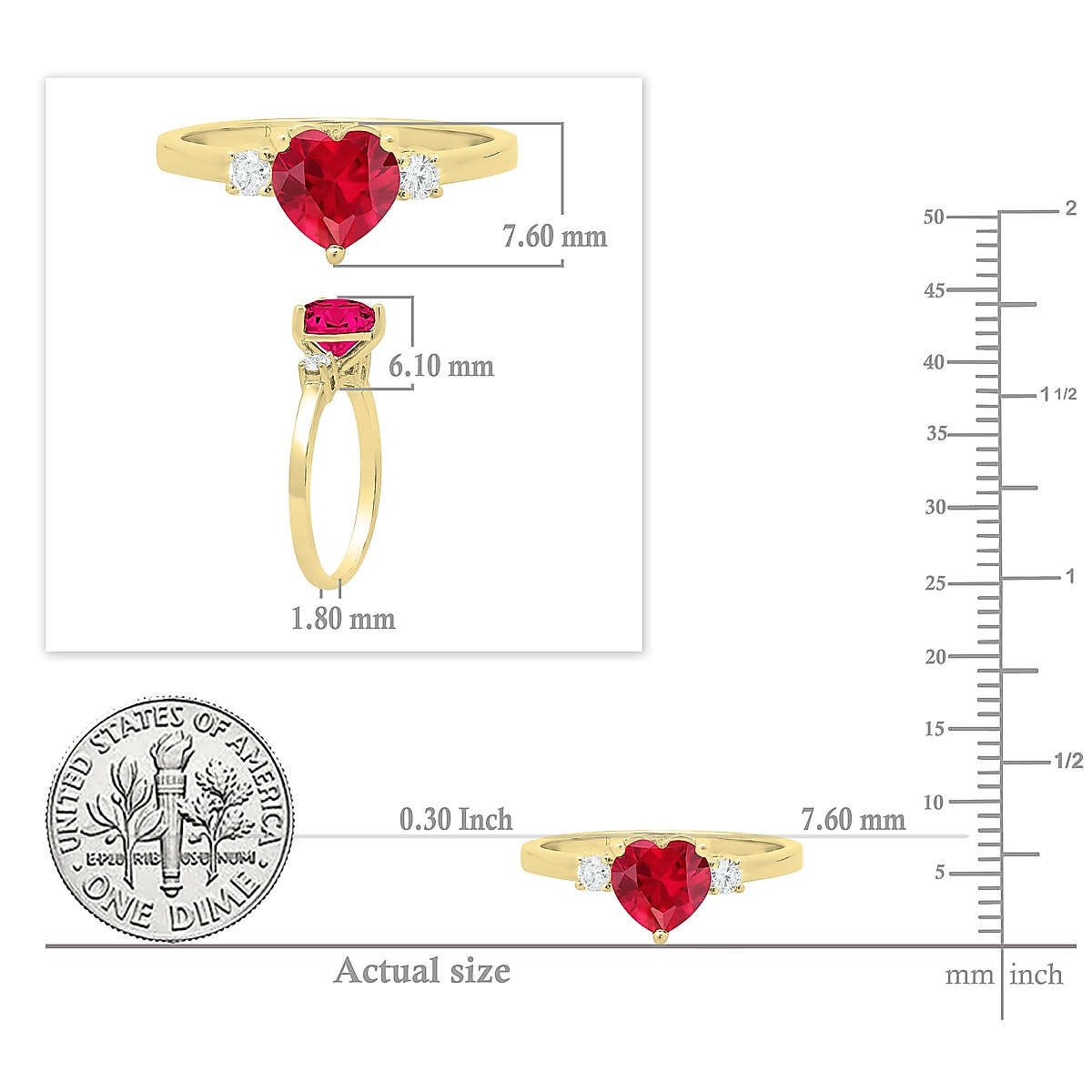 Dazzlingrock Collection 7mm Heart Lab Created Ruby & Round White Diamond 3 Stone Engagement Ring for Women in 10K Solid Yellow Gold Size 9