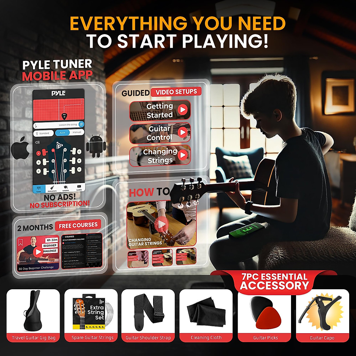 Pyle Beginner Acoustic Guitar Kit, 3/4 Junior Size All Wood Build Nylon Instrument with Capo, Gig Bag, Strap, Extra String Set, for Students Adults and Youth, 36" Black Gloss