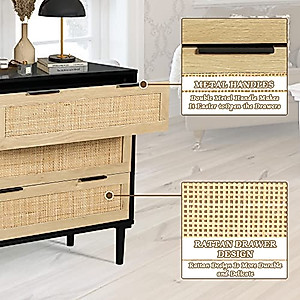 LAZZO Rattan 3 Drawer Wood Dresser Boho Large Storage Cabinet Nightstand Chest for Bedroom Mid Century Modern Chest of Drawers Wide Closet Dresser Storage Organizer