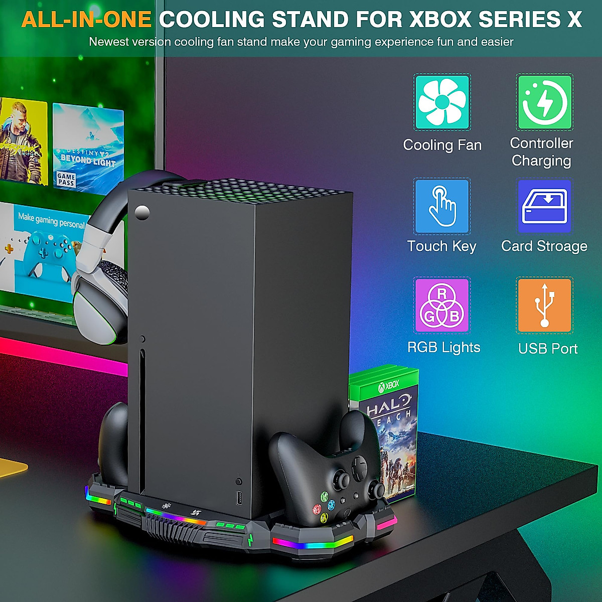 Wiilkac Vertical Cooling Fan Stand and Dual Controller Charging Station for Xbox Series X with RGB Color Lights/USB Ports, 3-Level Fan Cooling System with 2 x 1400 mAh Rechargeable Battery