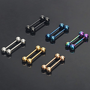 CrazyPiercing 12Pcs Different Color Tongue Rings Surgical Stainless Steel Tongue Piercing 14G 16mm Length Straight Barbell Piercing Jewelry