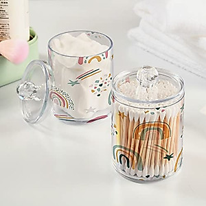 Kigai 2PCS Cartoon Rainbow Qtip Holder Dispenser with Lids - 14 oz Bathroom Storage Organizer Set, Clear Apothecary Jars Food Storage Containers, for Tea, Coffee, Cotton Ball, Floss