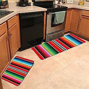 Gesmatic Red Kitchen Rugs, 2 Piece Mat Kitchen Rug 17"X48" 17"X24" Mexican Rug Pattern Serape Stripes Detail Background with Colors Non-Slip Striped Kitchen Rug