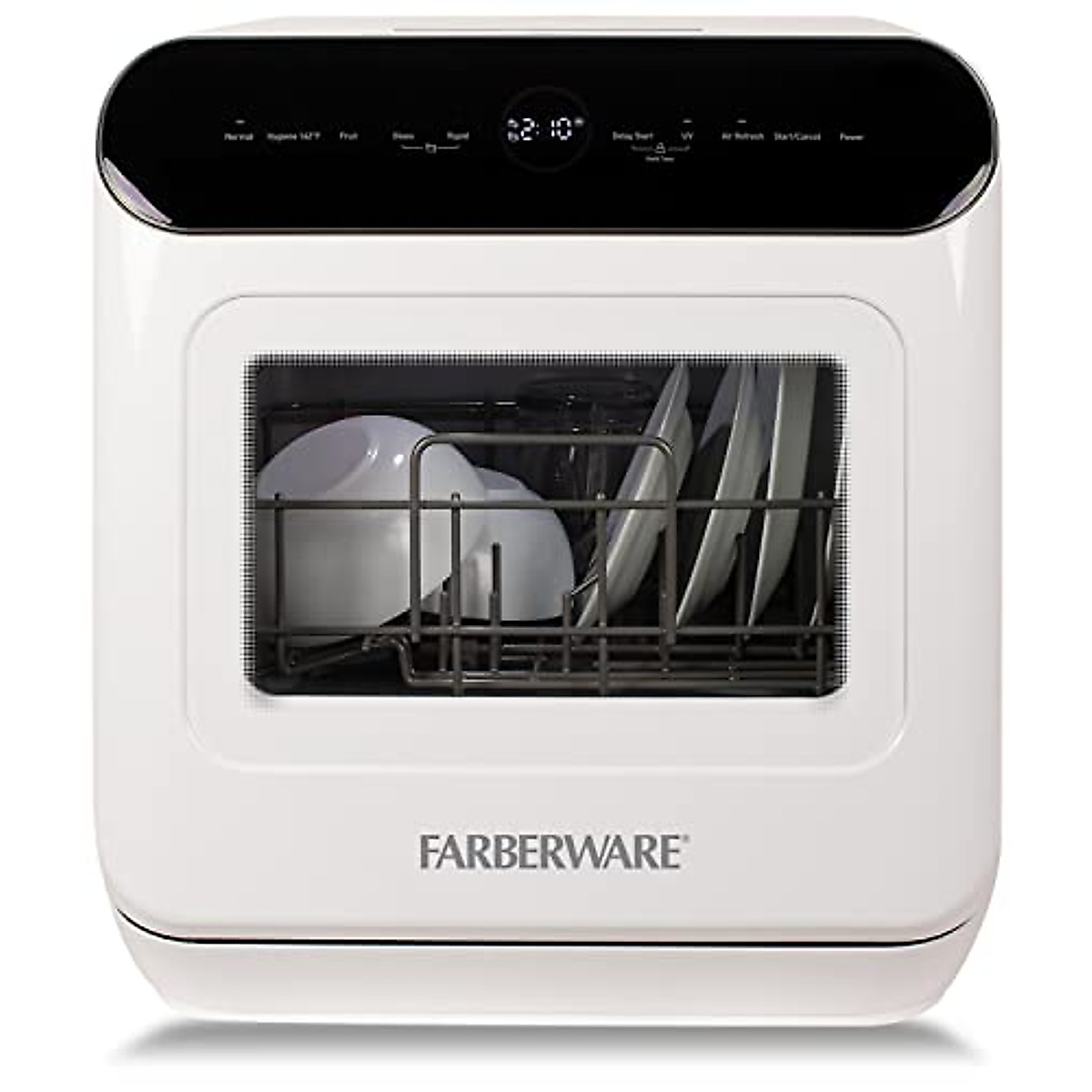 Farberware FCDMGDWH Complete Portable Countertop Dishwasher with LED Light 2 Place Settings, 5 Wash Programs, Glass Door, White