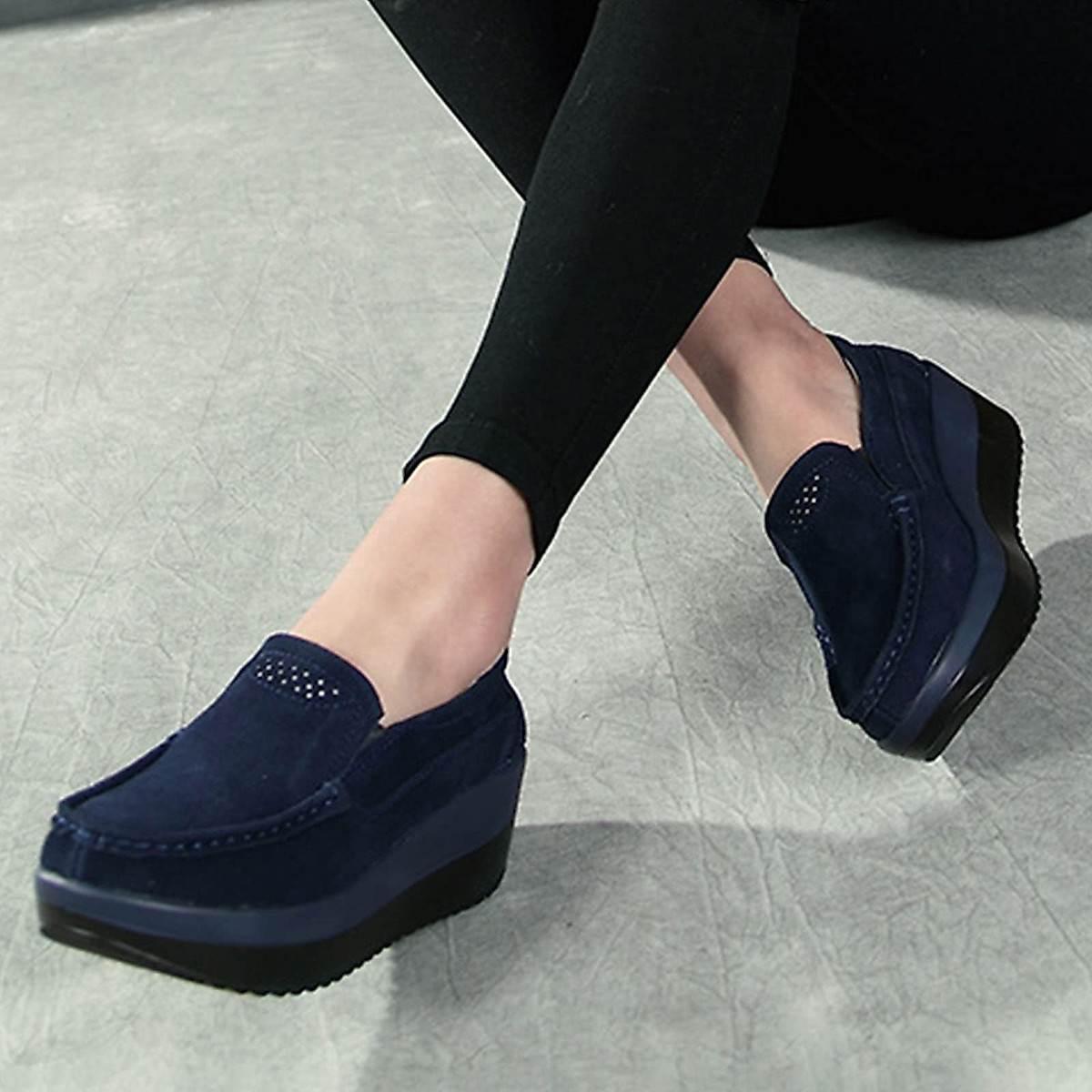 AngryMonkey Women's Fashion Platform Sneakers High Hidden Heel Wedge Moccasin Slip-on Casual Low Top Non-Slip Walking Shoes (8.5,Dark Blue,8.5,Women)