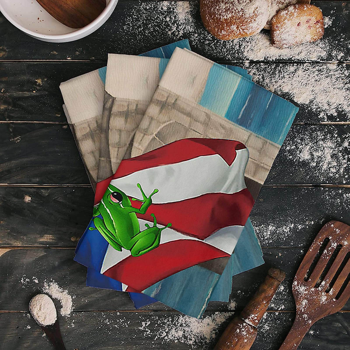 Kitchen Dish Towels 2 Pack-Super Absorbent Soft Microfiber,Puerto Rico Flag Frog Ocean Beach Cleaning Dishcloth Hand Towels Tea Towels for Kitchen Bathroom Bar